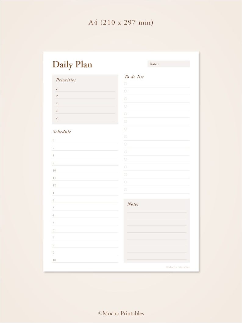 Daily Planner Printable | Day on One Page | A4, A5, US Letter, Half ...