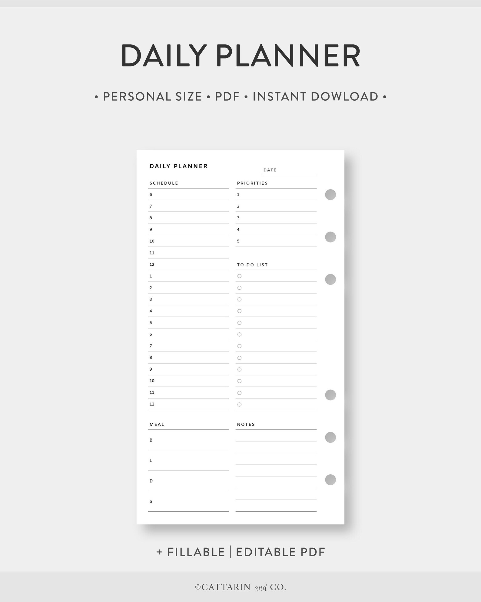 Personal, Daily Planner Printable Fillable , Editable Day on One Page ...