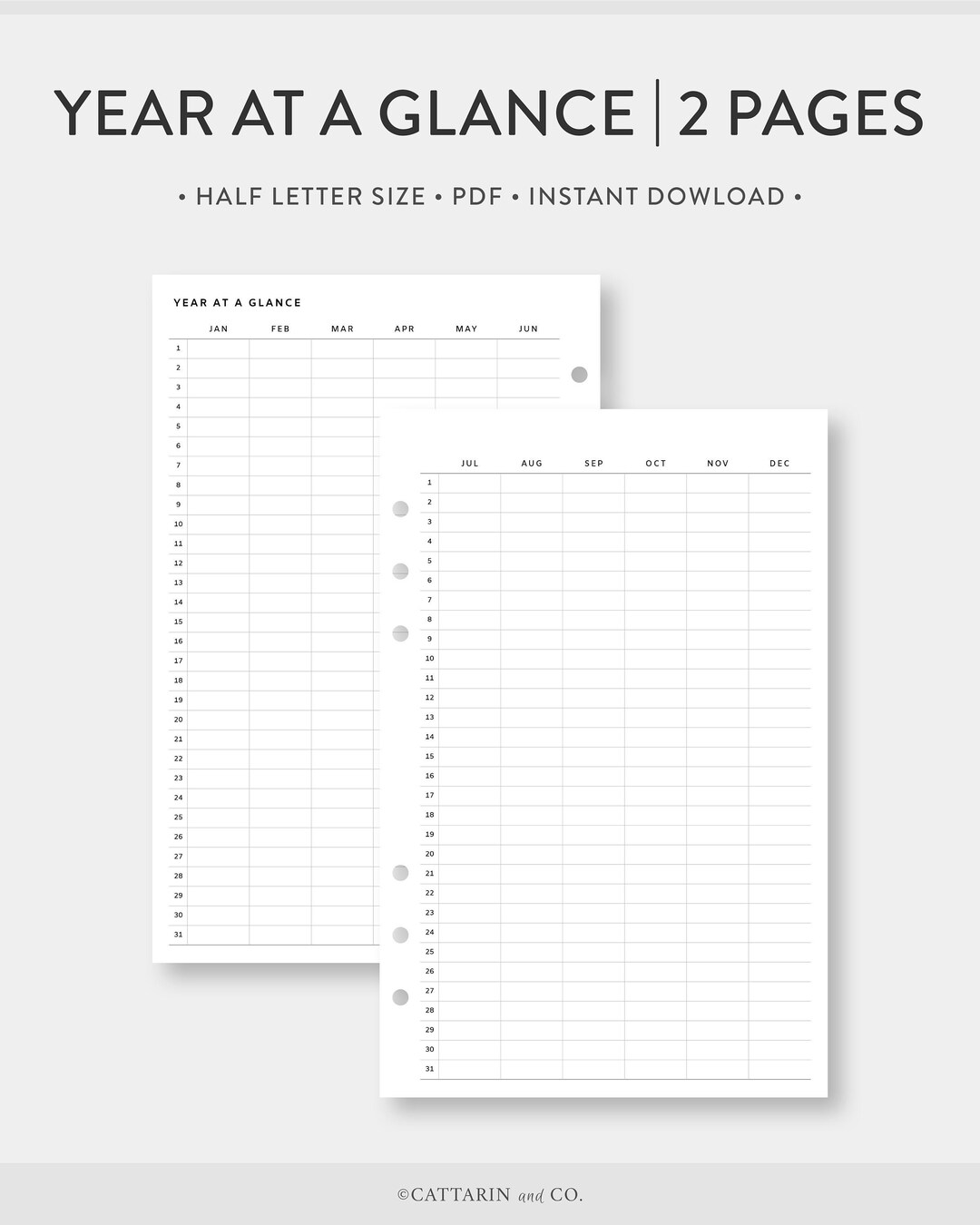 Half Letter, Year at a Glance | Year on Two Pages | Yearly Overview ...
