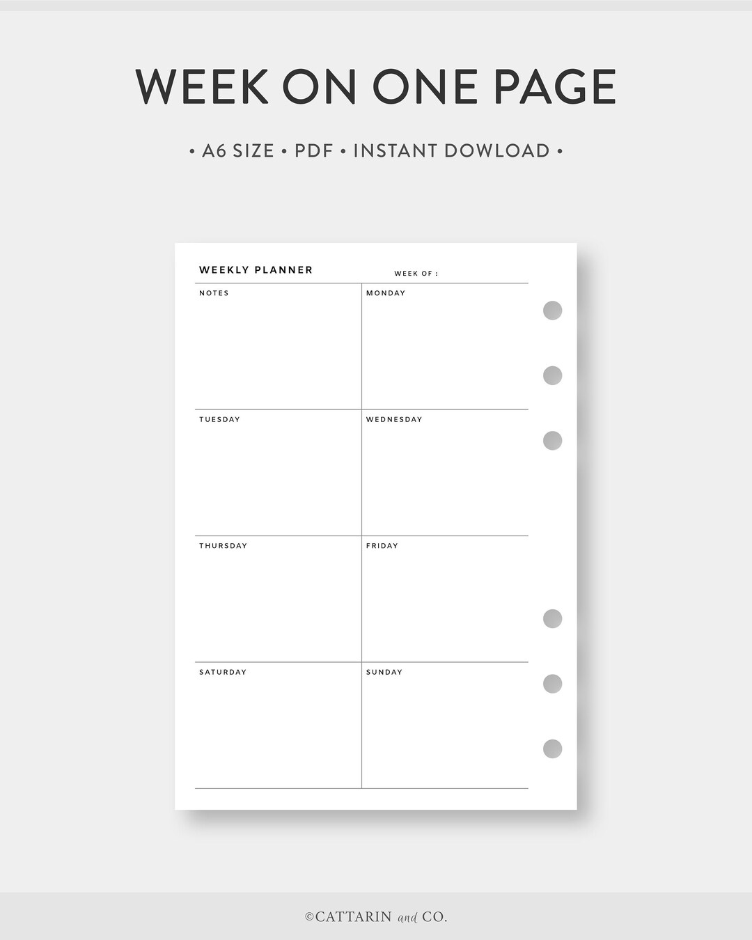 A6, Minimalist Weekly Planner Printable | Week on One Page | WO1P ...
