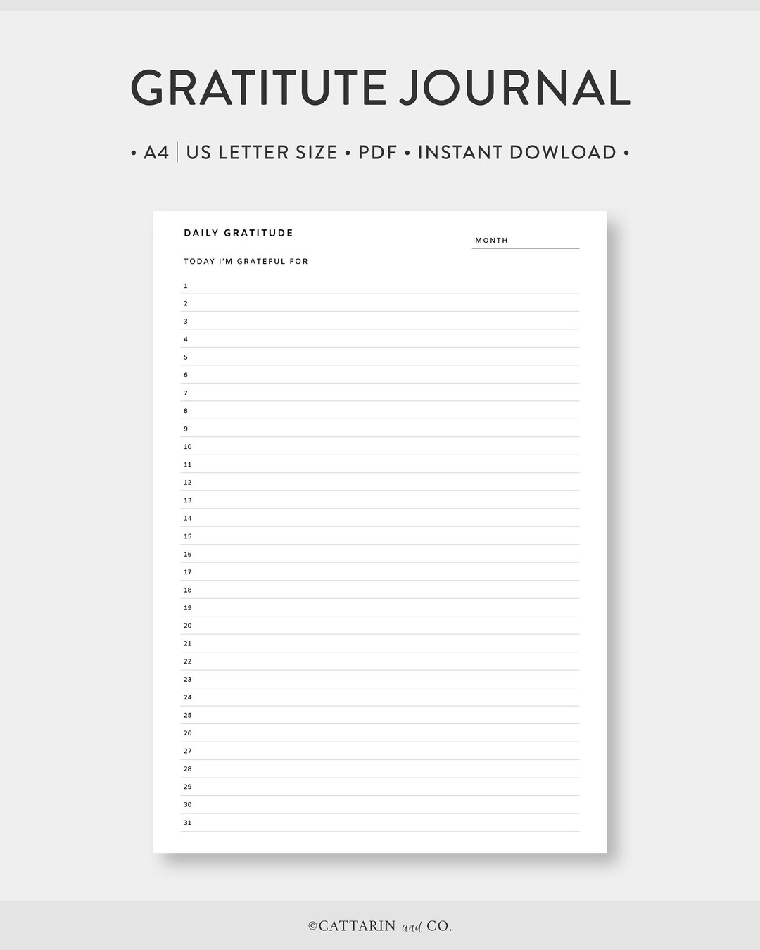 A4 | US Letter, Daily Gratitude Journal Printable | Simple Log Sheet ...
