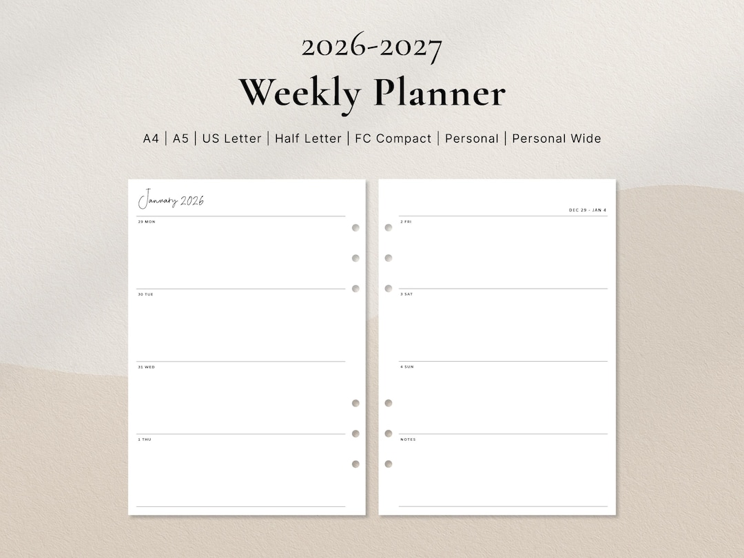 2026-2027 Weekly Planner Printable | Week on Two Pages | A4, A5, US ...