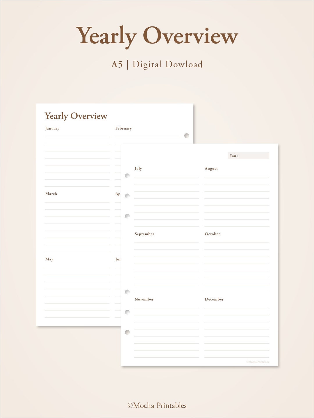 A5, Yearly Overview Printable Year on Two Pages Year at a Glance Annual ...