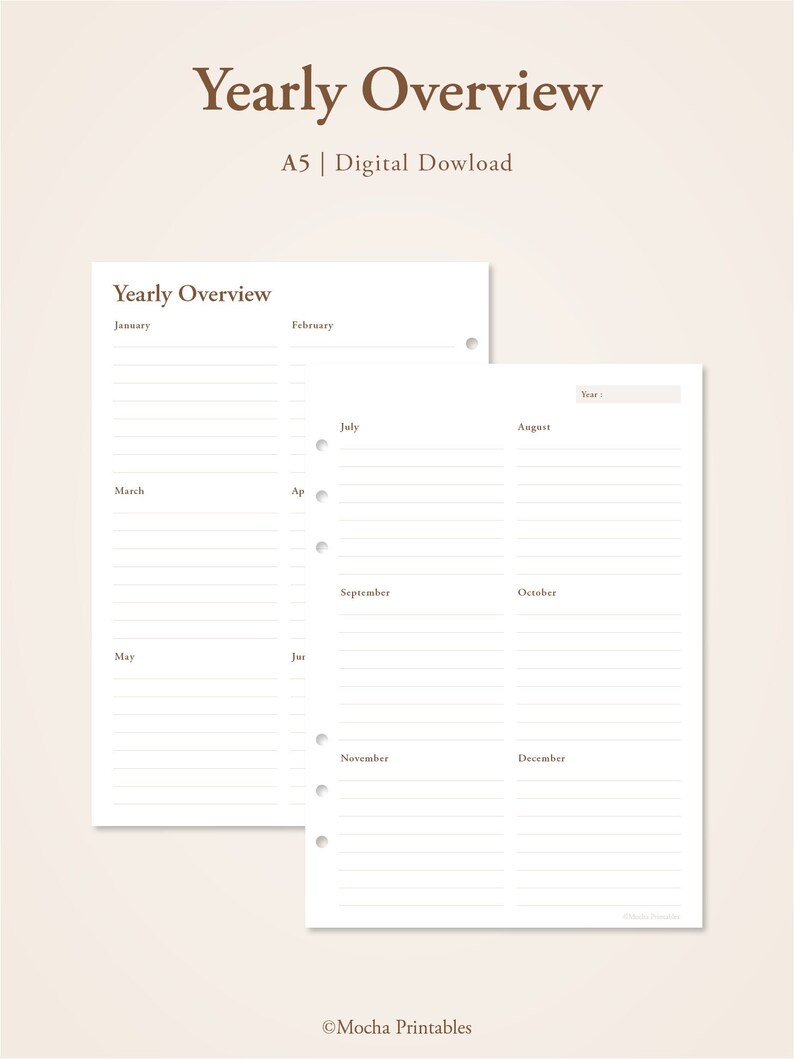 A5, Yearly Overview Printable Year on Two Pages Year at a Glance Annual ...