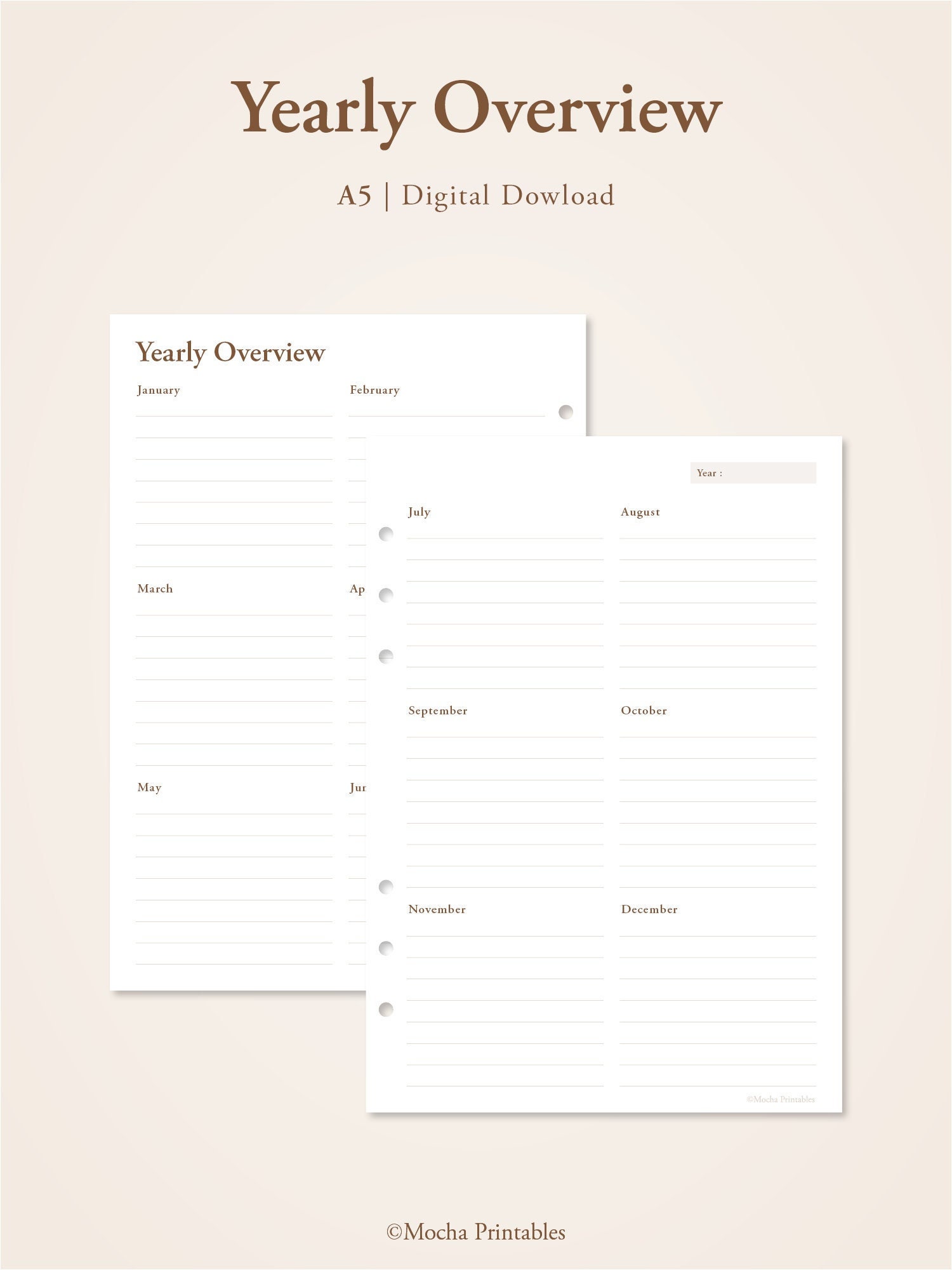 A5, Yearly Overview Printable Year on Two Pages Year at a Glance Annual ...