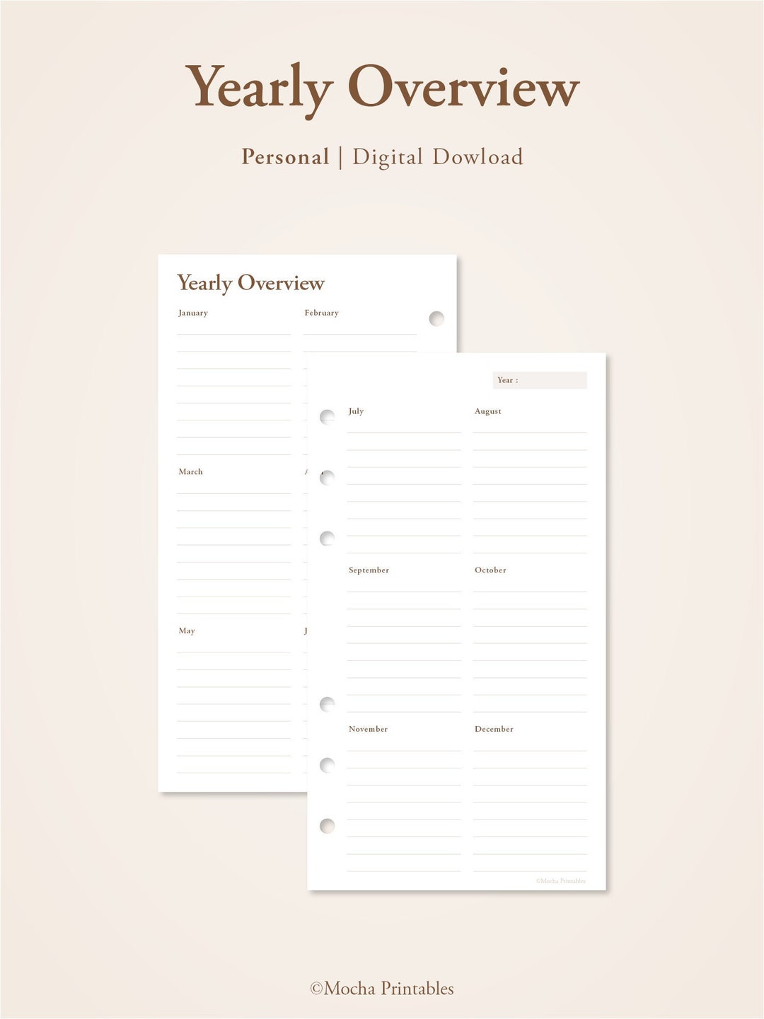 Personal, Yearly Overview Printable Year on Two Pages Year at a Glance ...