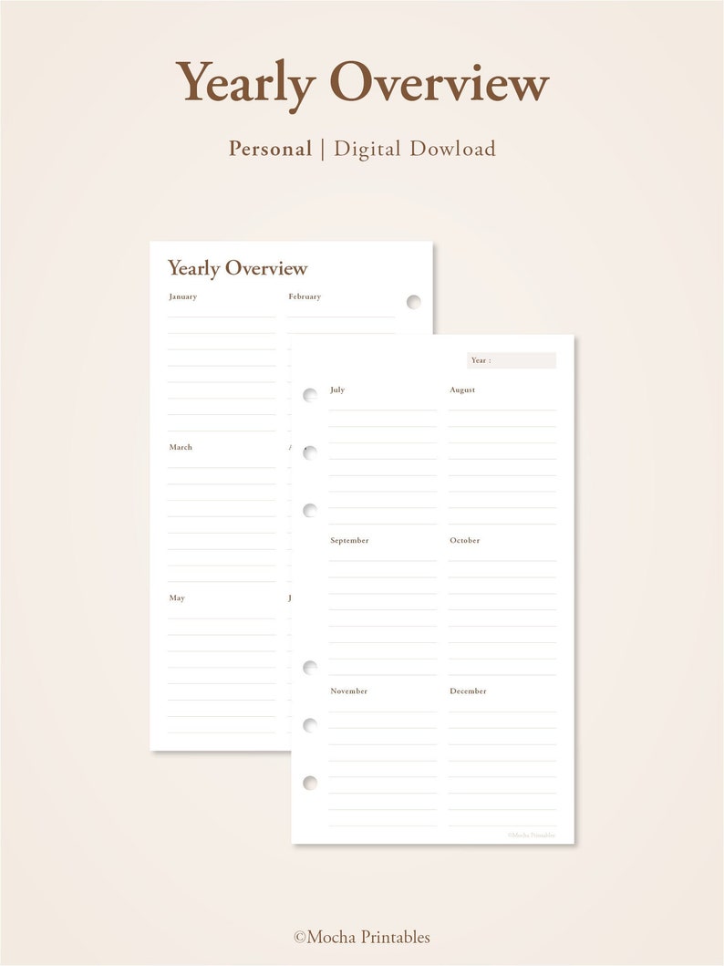 Personal, Yearly Overview Printable Year on Two Pages Year at a Glance ...