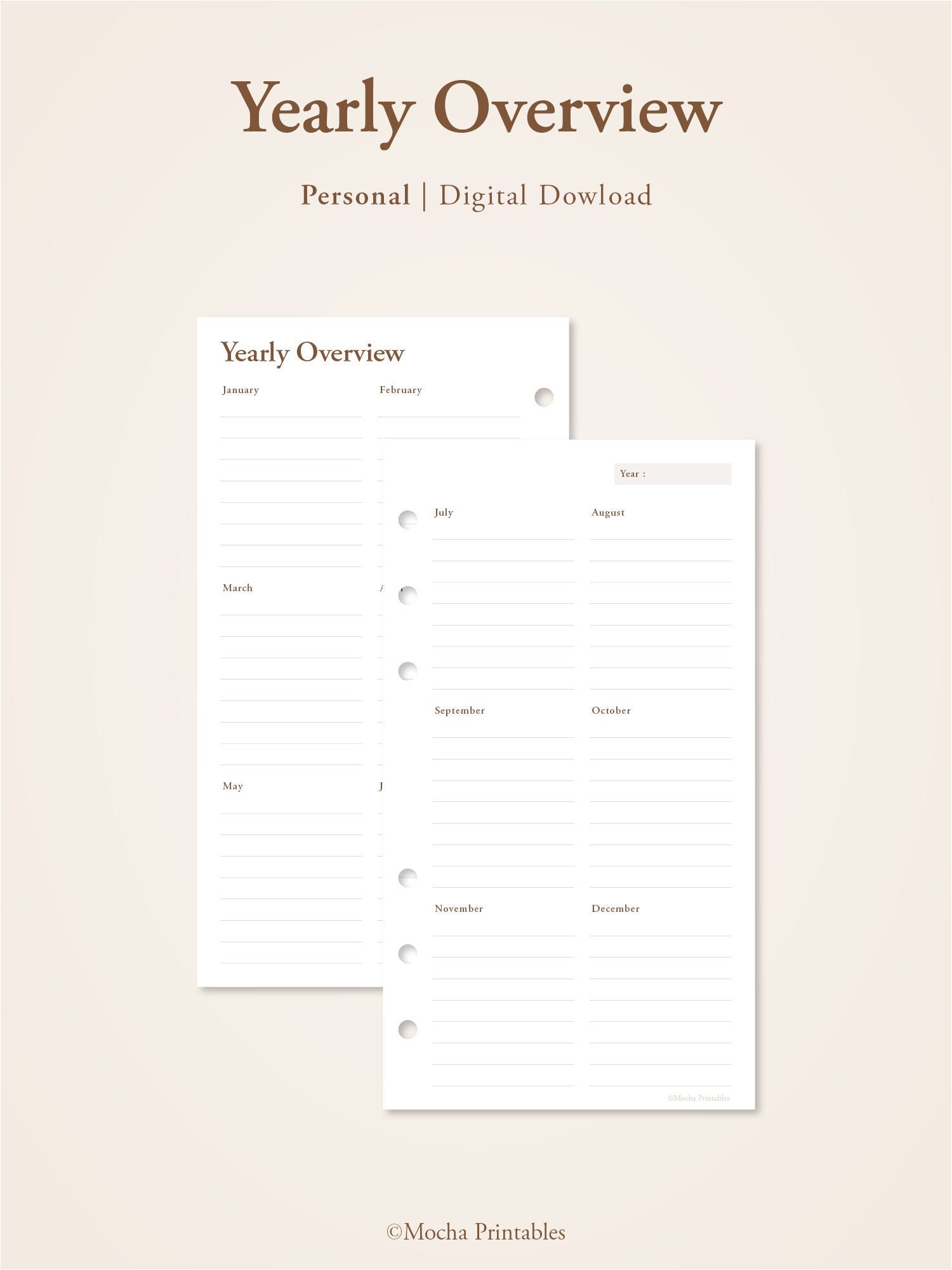 Personal, Yearly Overview Printable Year on Two Pages Year at a Glance ...