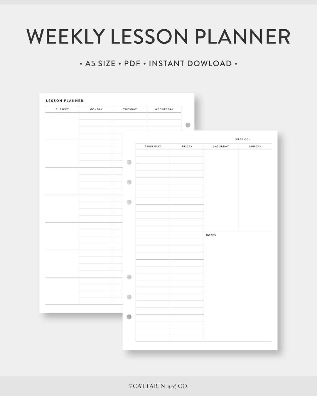 A5, Weekly Teacher Lesson Planner Printable | Undated Template Journal ...