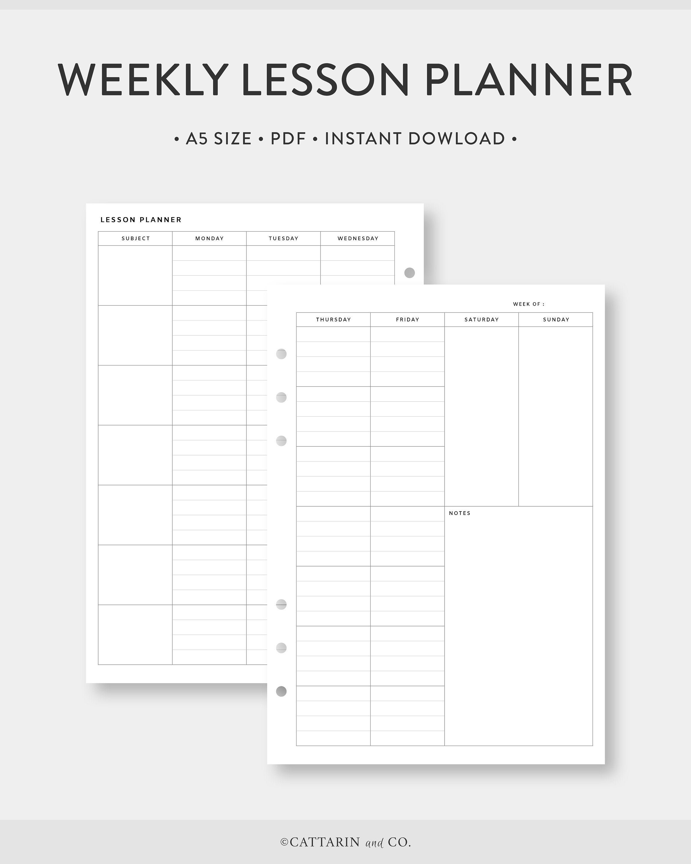 A5, Weekly Teacher Lesson Planner Printable | Undated Template Journal ...