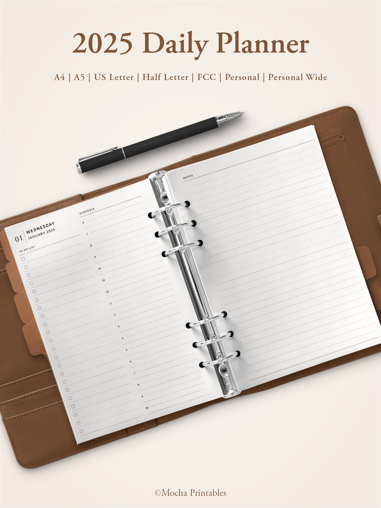 2025 Dated Daily Planner Printable Day on Two Pages A4, A5, US Letter ...