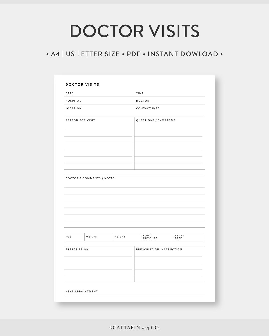 A4 | US Letter, Doctor Visits Printable | Doctor Visit Log, Medical ...
