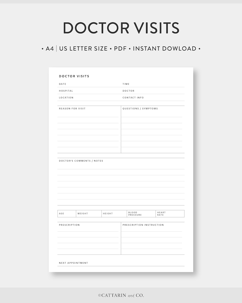 A4 | US Letter, Doctor Visits Printable | Doctor Visit Log, Medical ...
