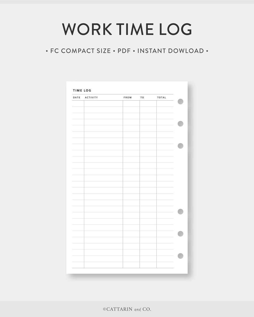FC Compact Work Time Log Printable Simple Time Sheet - Etsy