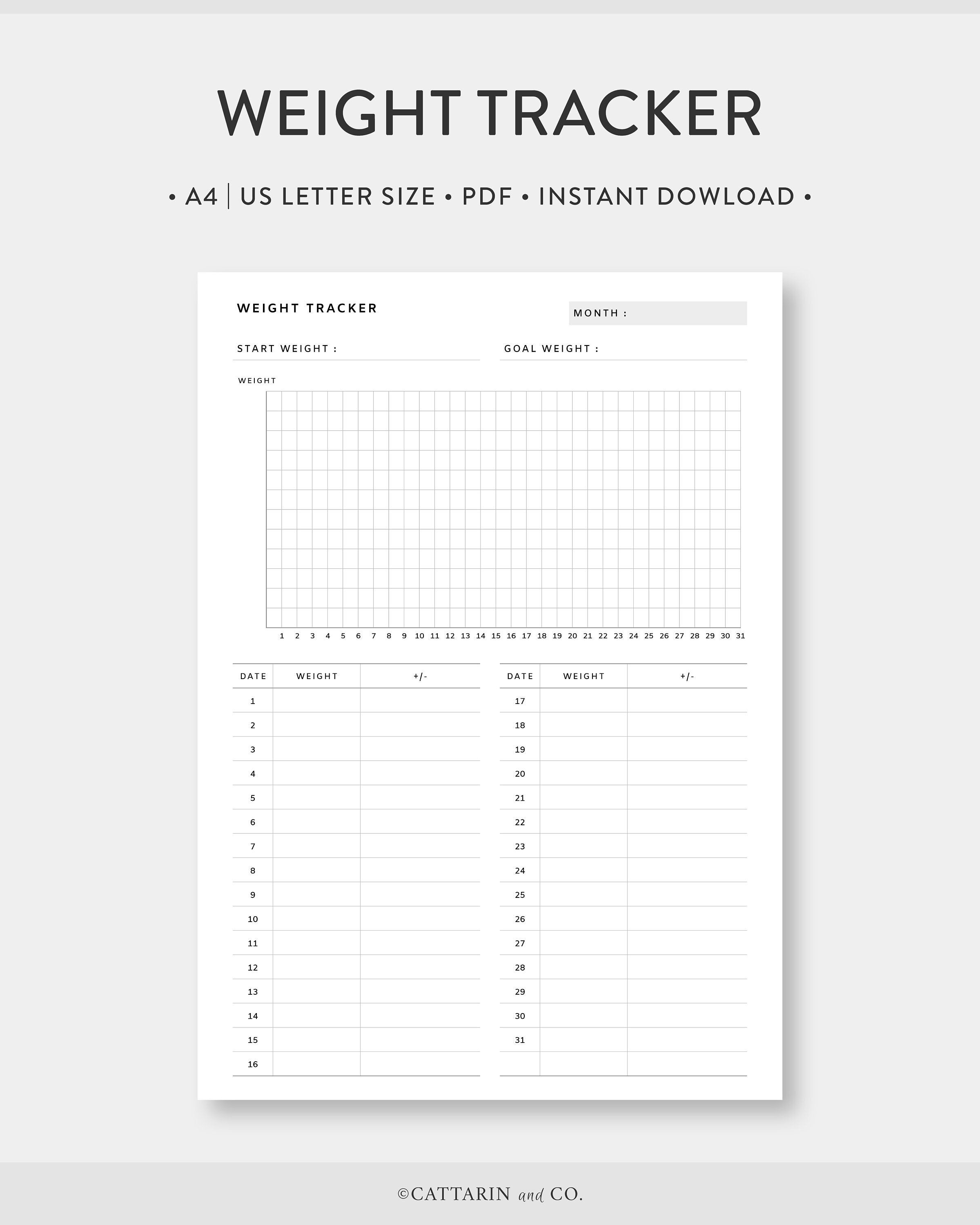 A4 | US Letter, Weight Tracker Printable | Monthly Weight Loss Chart ...