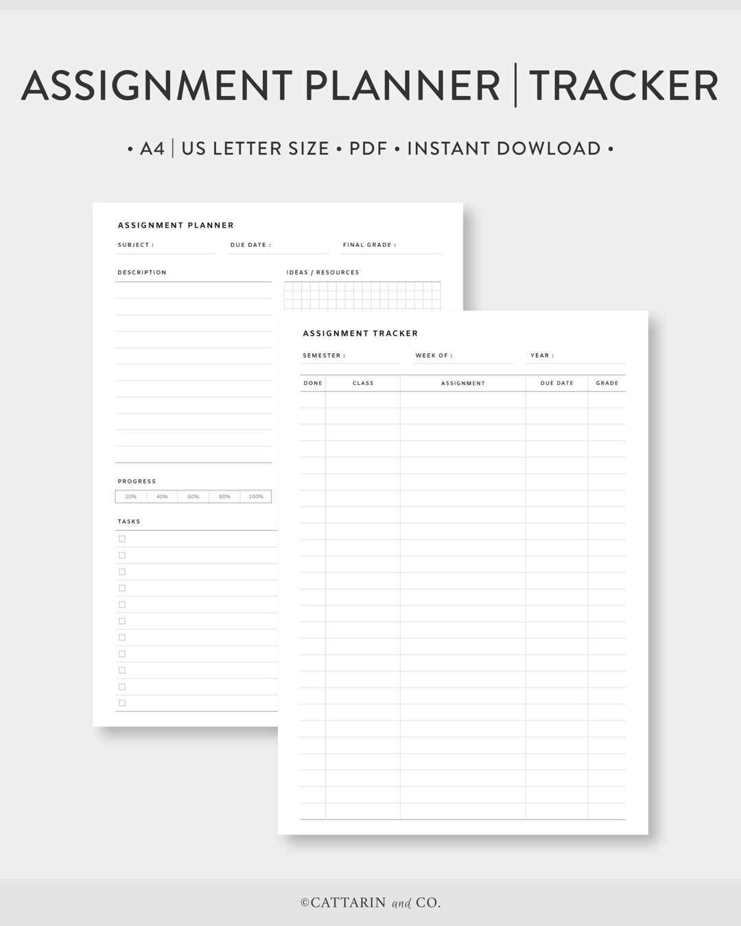 A4 | US Letter, Assignment Planner & Tracker Printable | Homework ...