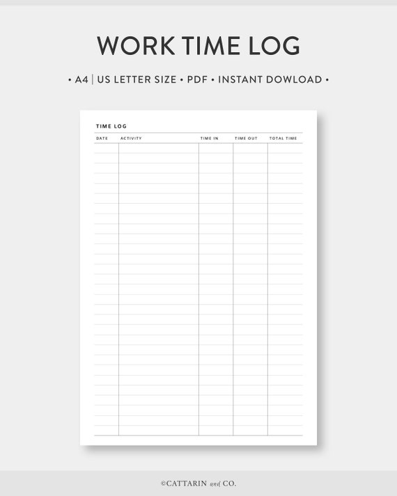 A4 US Letter Work Time Log Printable Simple Time Sheet - Etsy
