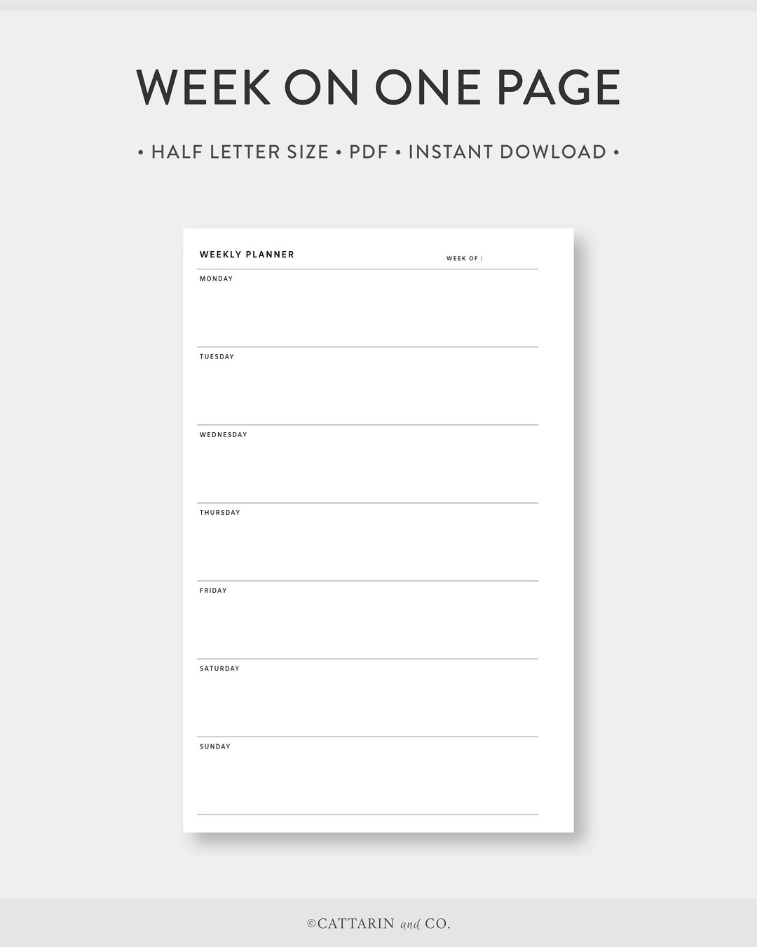Half Letter, Weekly Planner Printable | Week on One Page | Undated ...
