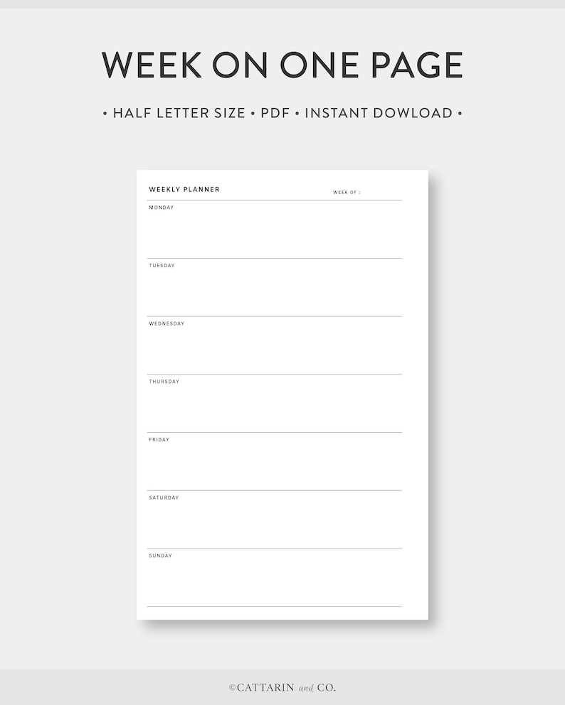 Half Letter, Weekly Planner Printable | Week on One Page | Undated ...