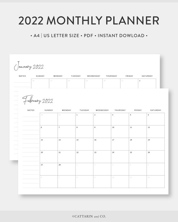 2022 Monthly Planner Printable Calendar on Two Pages Dated Template ...