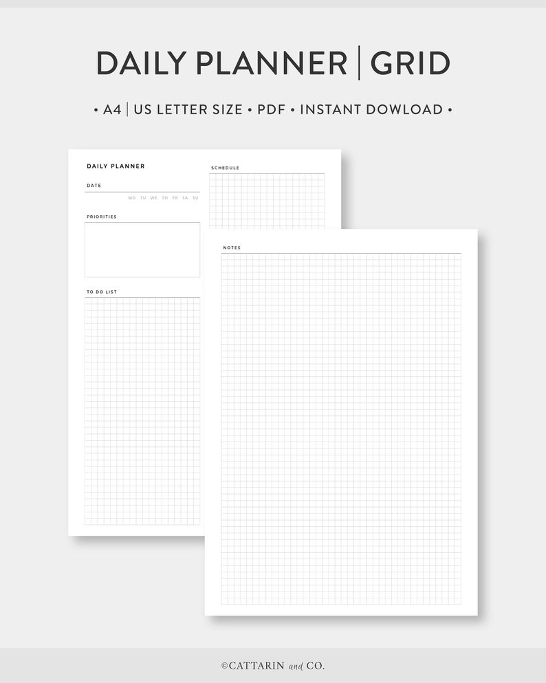 A4 | US Letter, Undated Daily Planner Printable Grid Paper | Day on Two ...