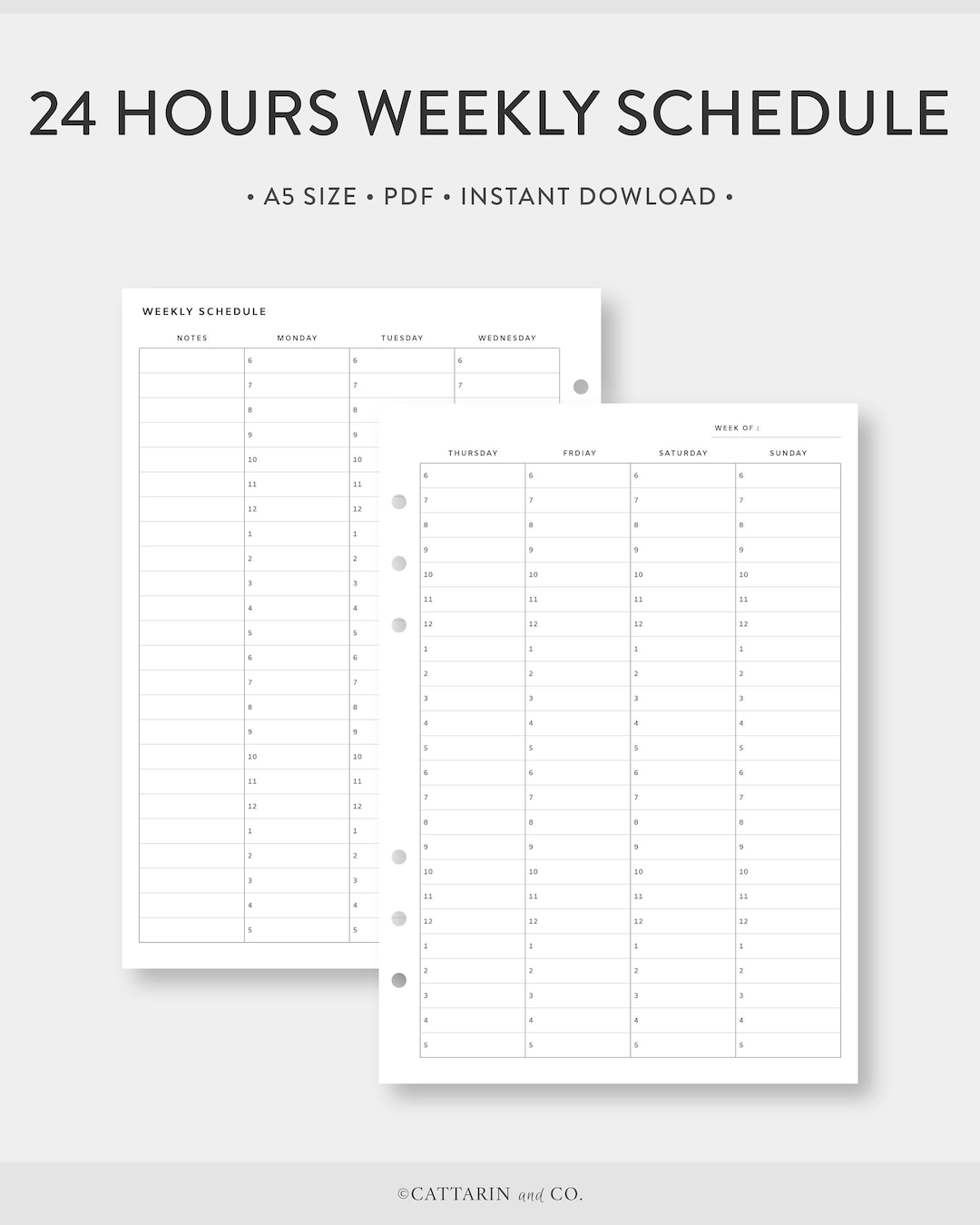 A5, 24 Hour Weekly Schedule Planner Printable | Undated Template ...