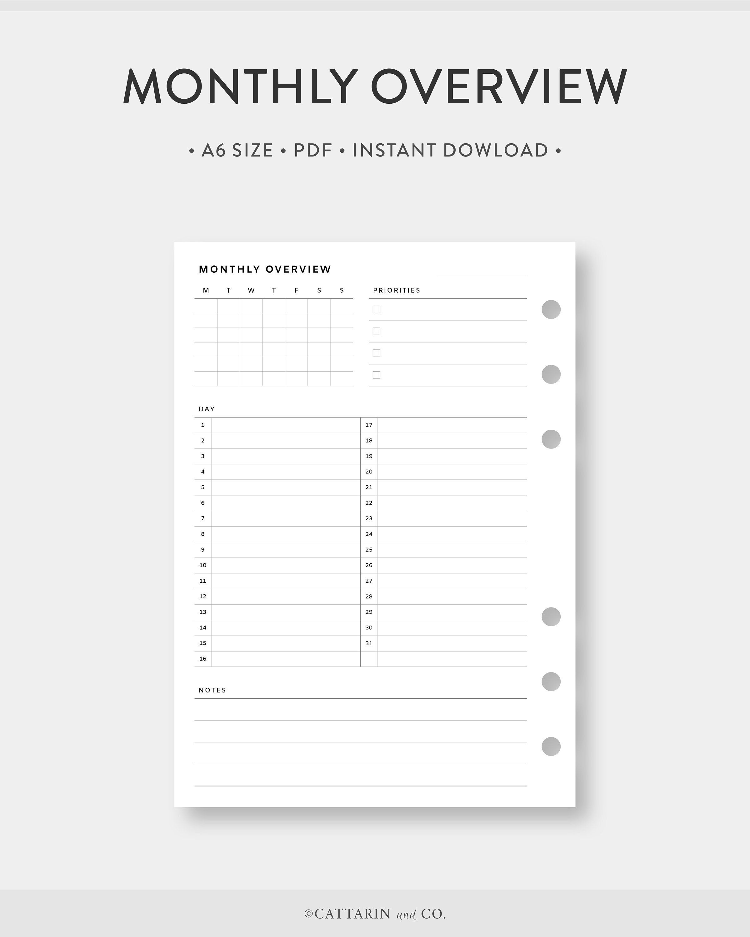 A6, Monthly Overview Printable | Month at a Glance | Month on One Page ...