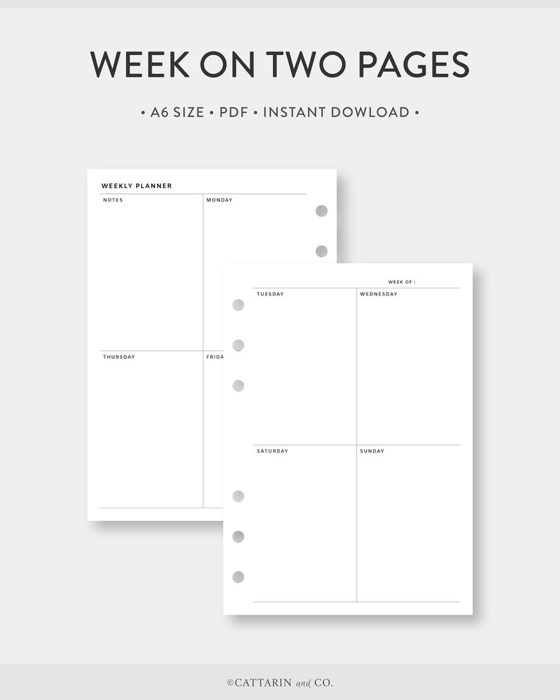 A6, Weekly Planner Printable | Week on Two Pages | Undated Template ...