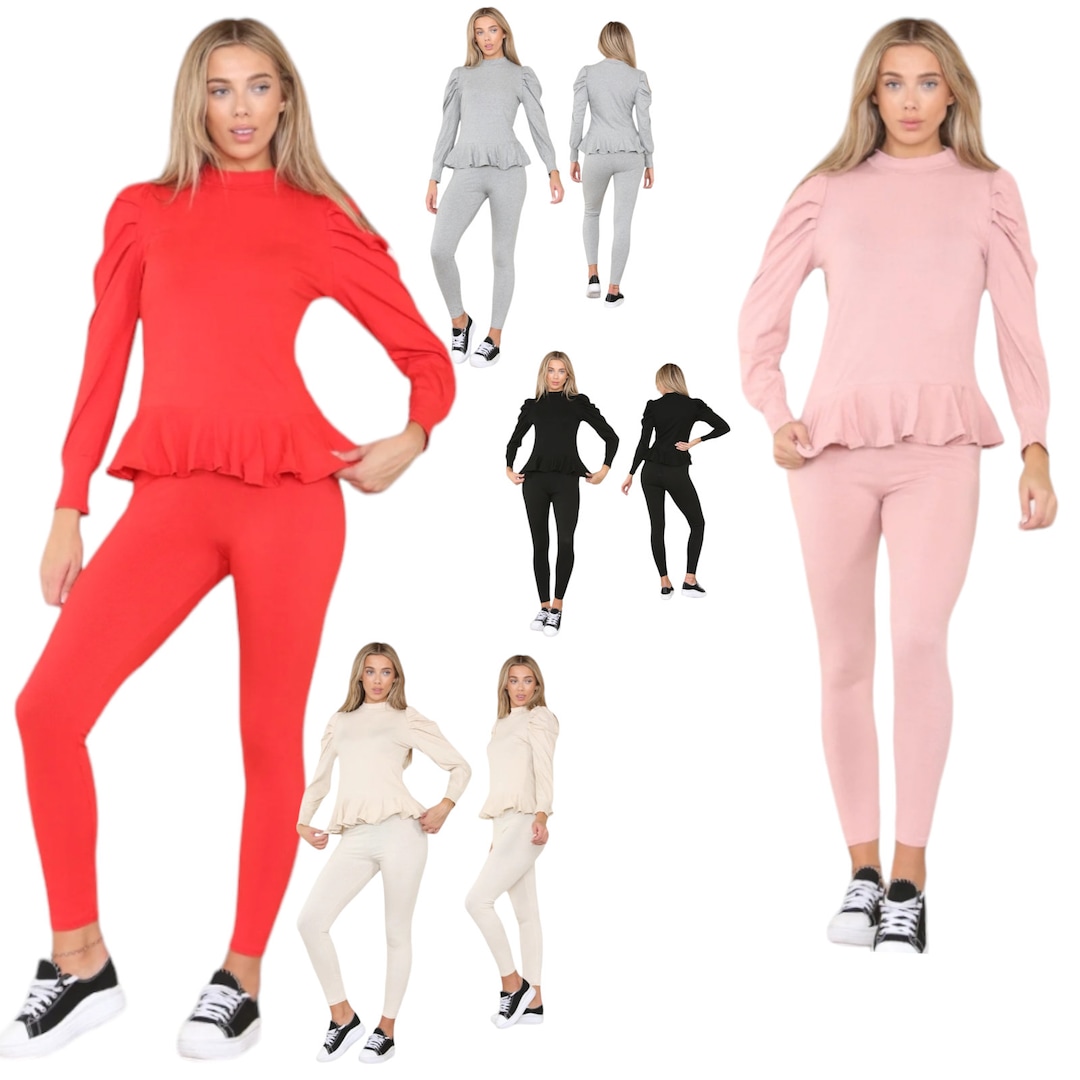 Frill Hem Peplum Suit Women Fine Ribbed Loungewear Puff Sleeves 2 Piece ...