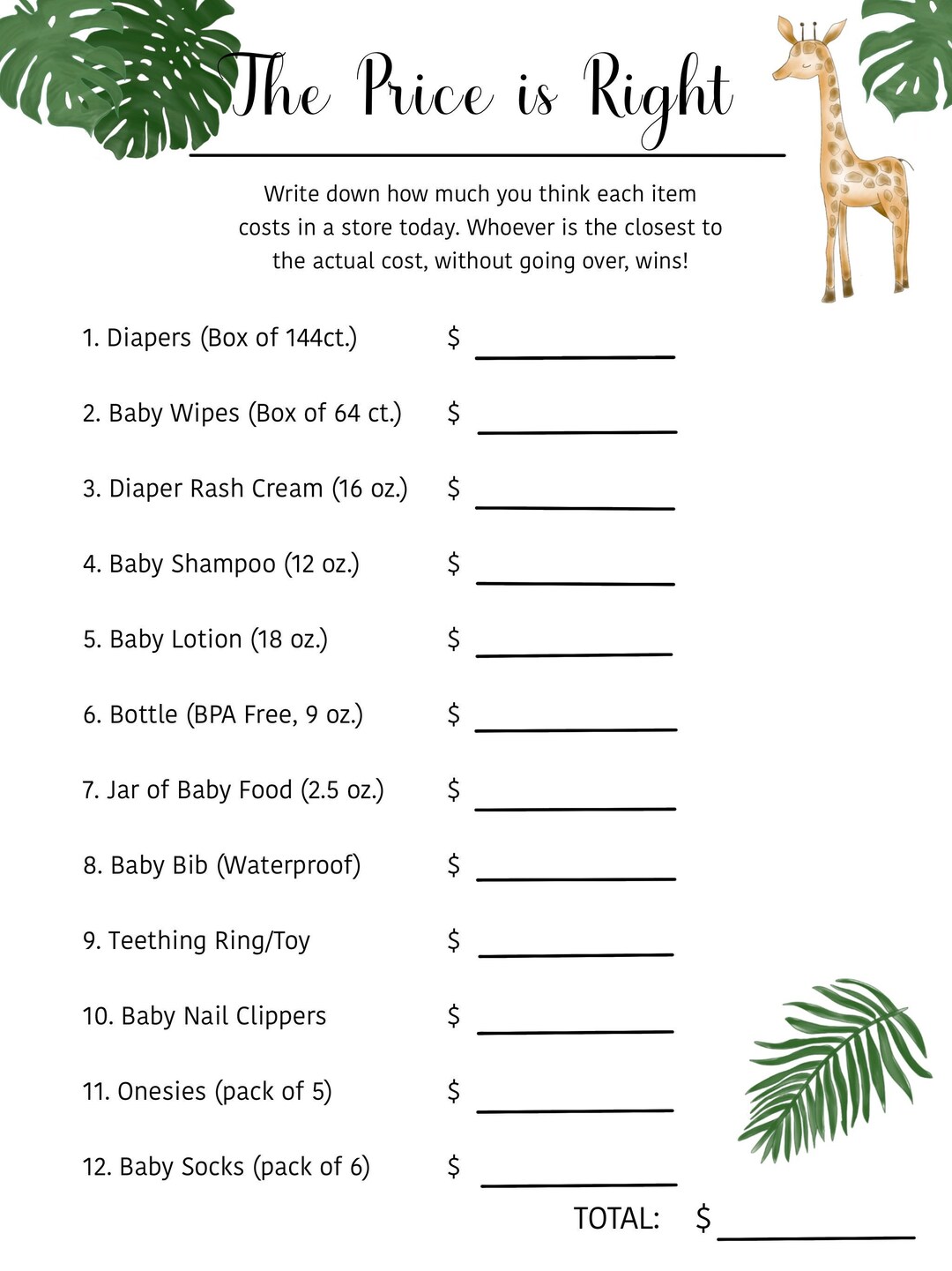Printable Price is Right Baby Shower Game - Jungle Theme - Etsy