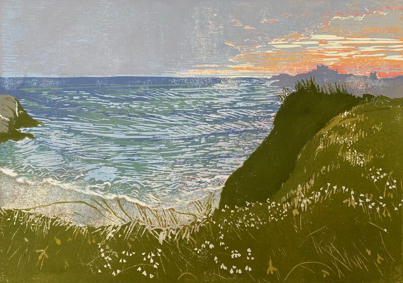 Cornwall Beach Sea Ocean Landscape Linocut Print Linoprint Art A4 ...