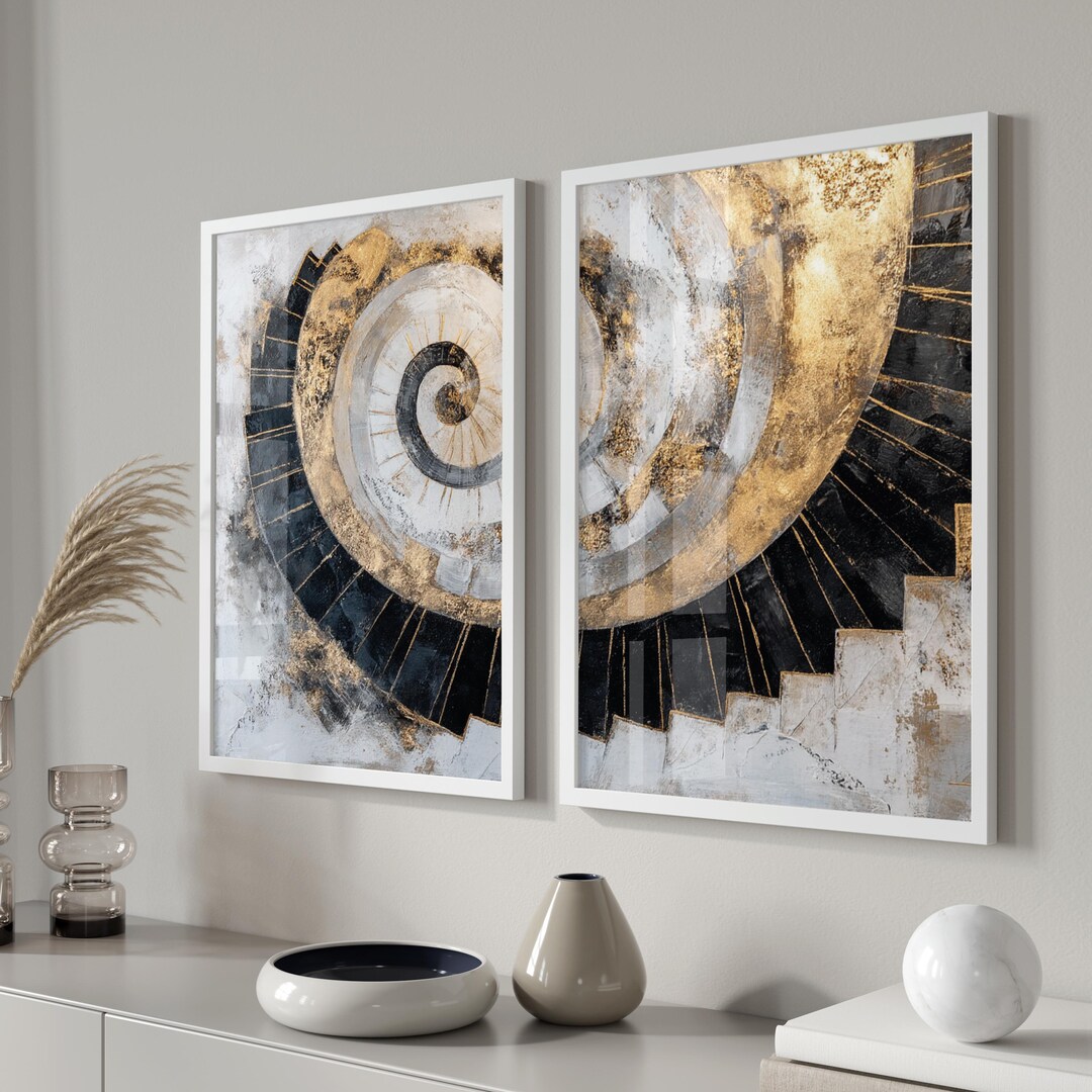 Set of 2 Abstract Staircase Posters, Gold Black Wall Art, Premium Matte ...