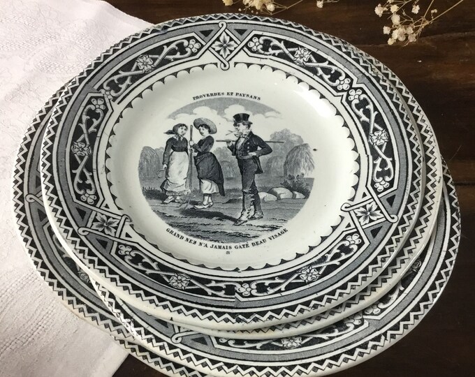 Set of 6 TALKING PLATES "proverbs and Peasants"/ironstone by Creil ...