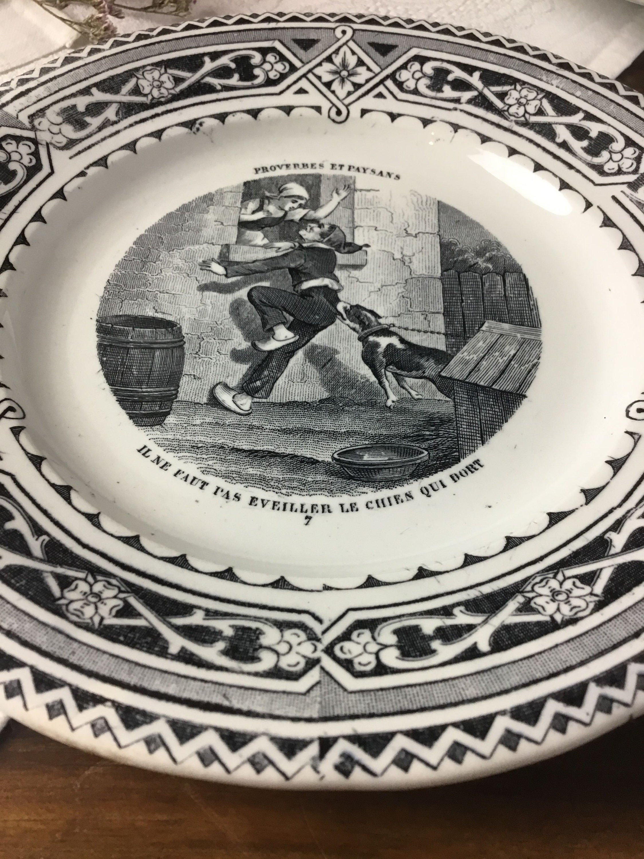 Set of 6 TALKING PLATES proverbs and Peasants/ironstone by Creil ...