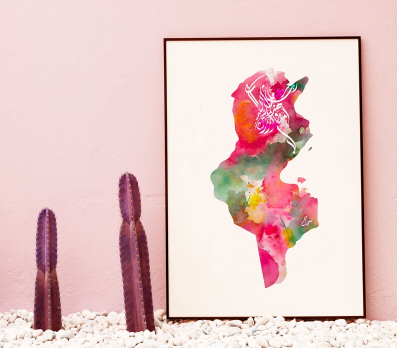 Tunisia Map, Printable Poster, Cartographic Art, Diwani Jali Arabic ...