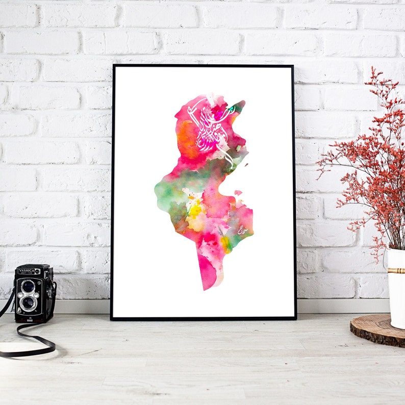 Tunisia Map, Printable Poster, Cartographic Art, Diwani Jali Arabic ...