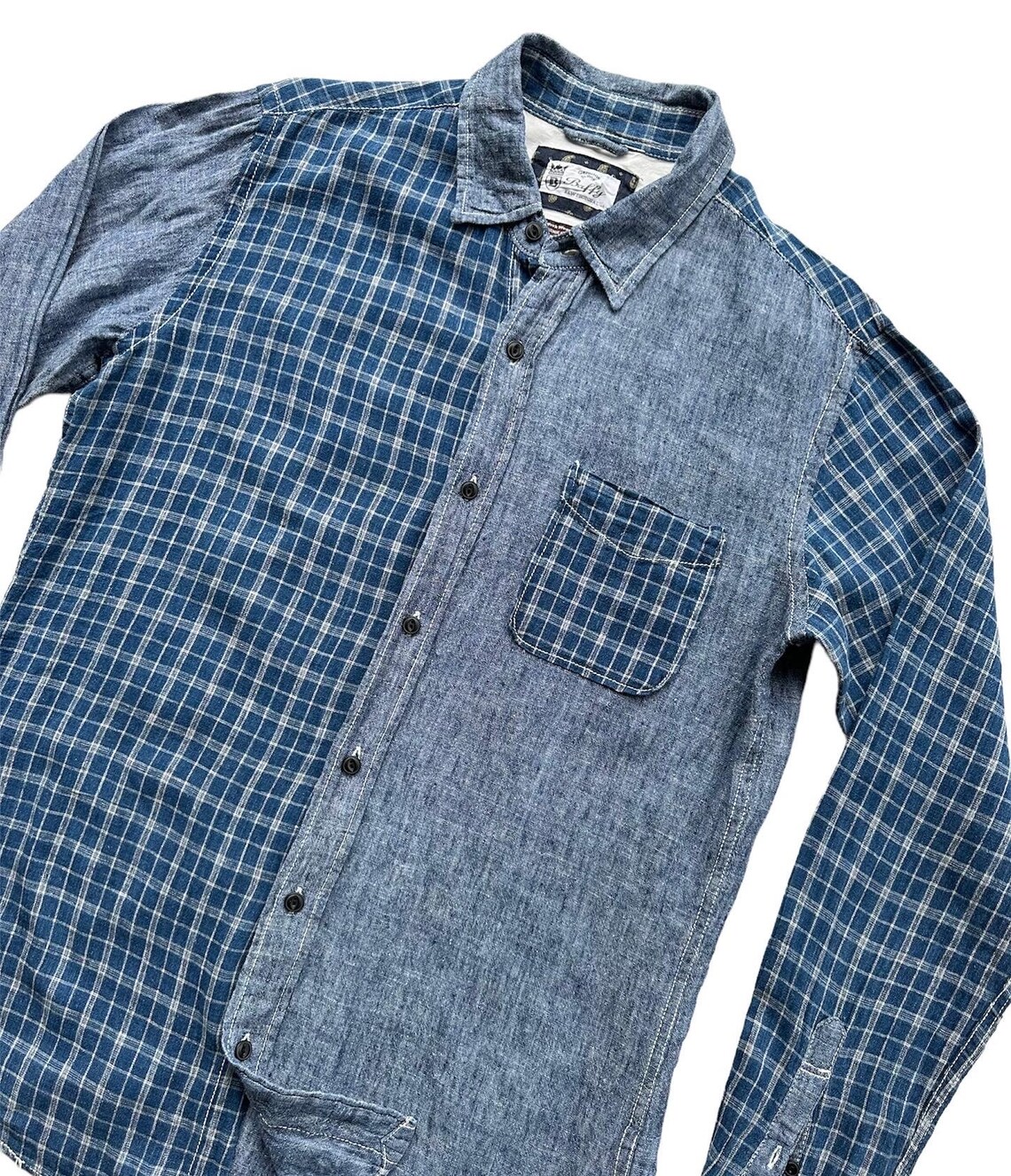 Vintage Colorblock Linen Cotton Upcycled Plaid Indigo Patchwork Shirt ...