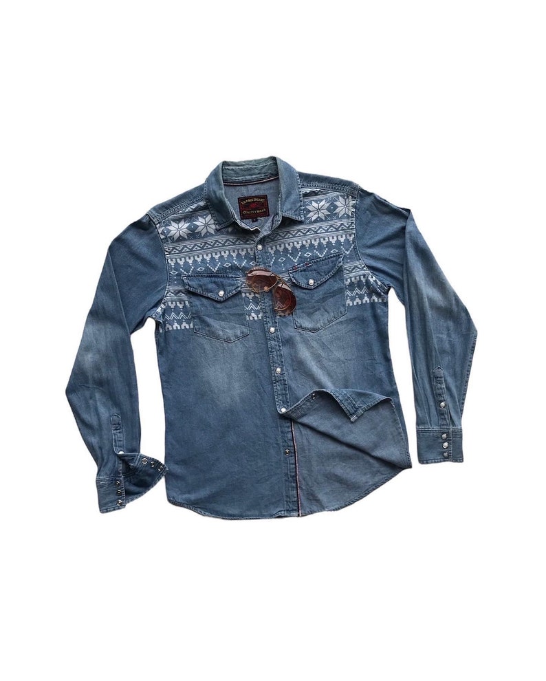 Men’s Blue Indigo Denim Shirts Vintage Authentic Jean Aztec Navajo ...