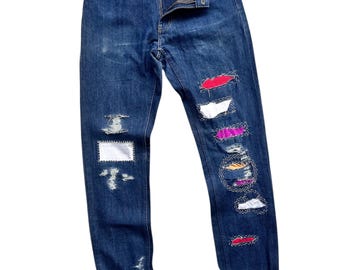 Rare Unique Vintage Patchwork Jeans Reworked Remake Artwork Ripped ...