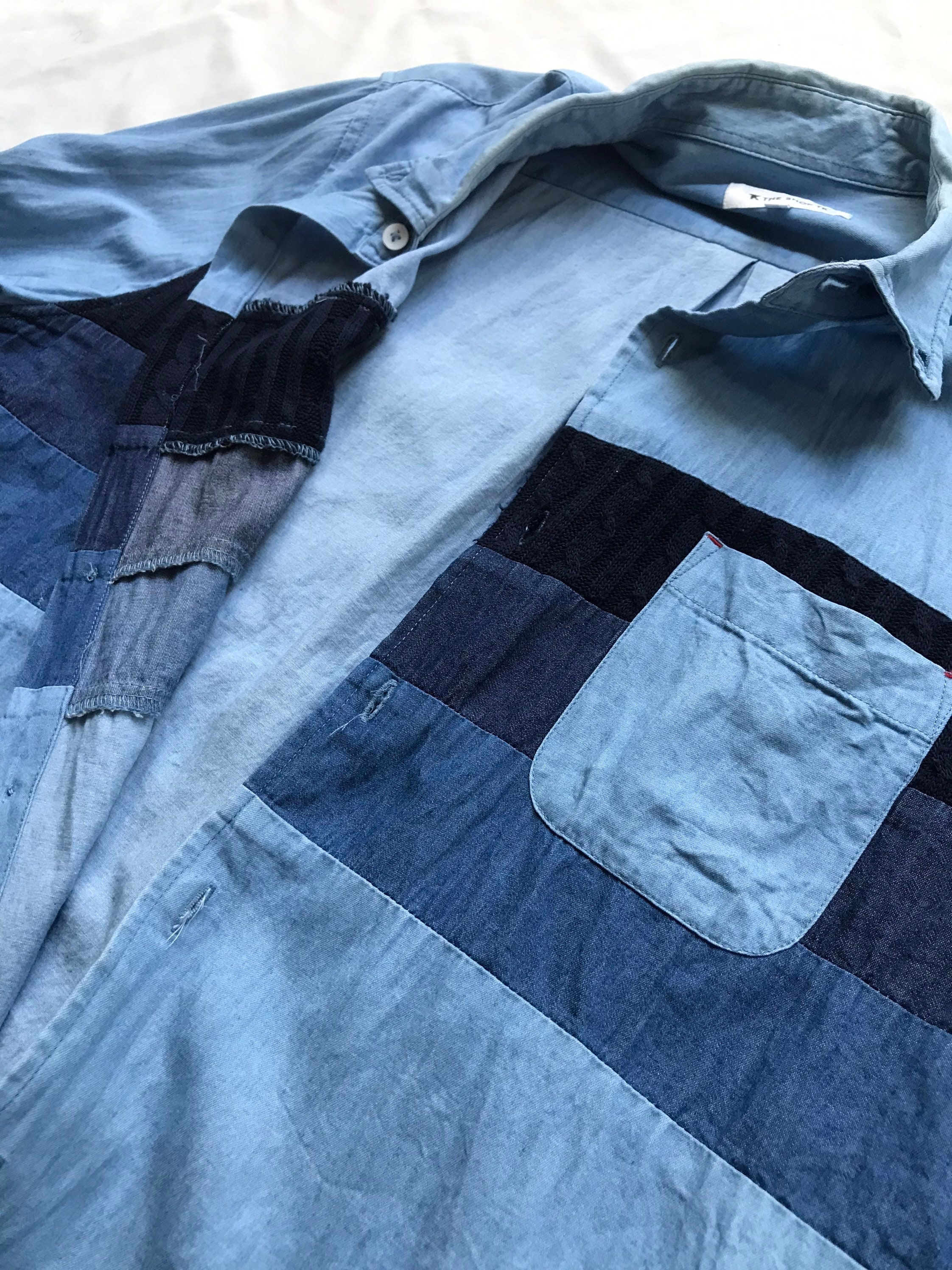 Vintage Blue Indigo Denim Patchwork Shirts Colorblock Three Layers ...