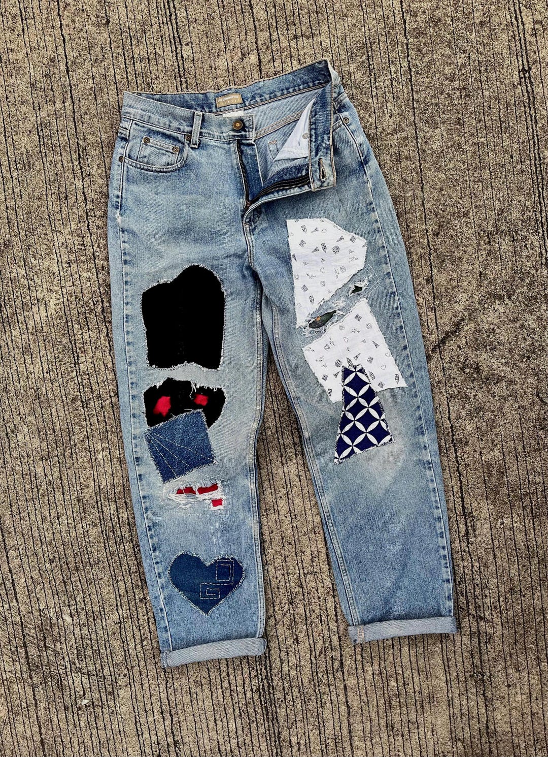 Rare Unique Vintage Patchwork Jeans Reworked Street Style Repair Frayed ...