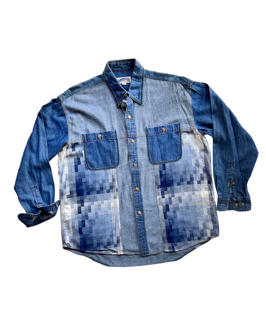 Vintage Blue Indigo Patchwork Denim Shirts Upcycled Colorblock 3D Print ...
