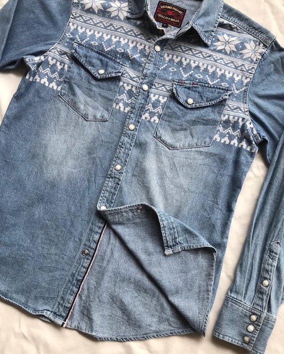 Men’s Blue Indigo Denim Shirts Vintage Authentic Jean… - Gem