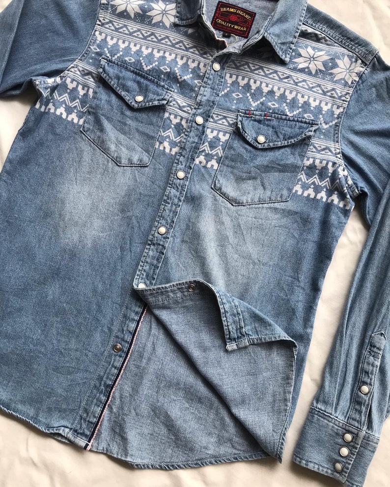 Men’s Blue Indigo Denim Shirts Vintage Authentic Jean Aztec Navajo ...