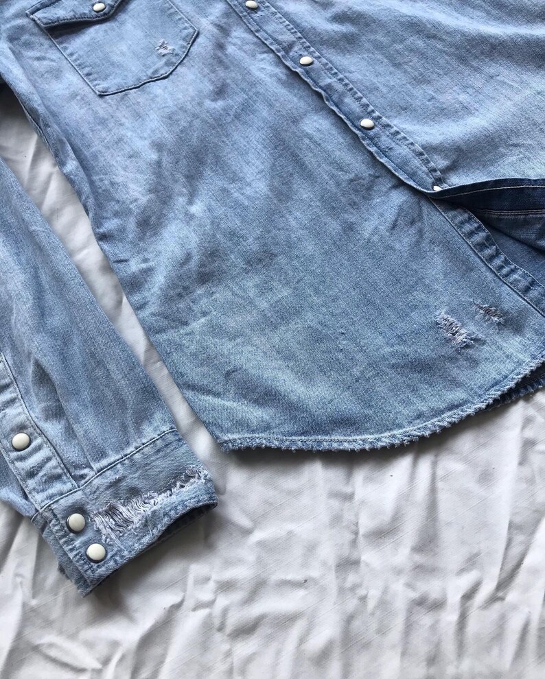 Retro Rework Men Vintage 80s Light Blue Denim Shirts Distressed ...