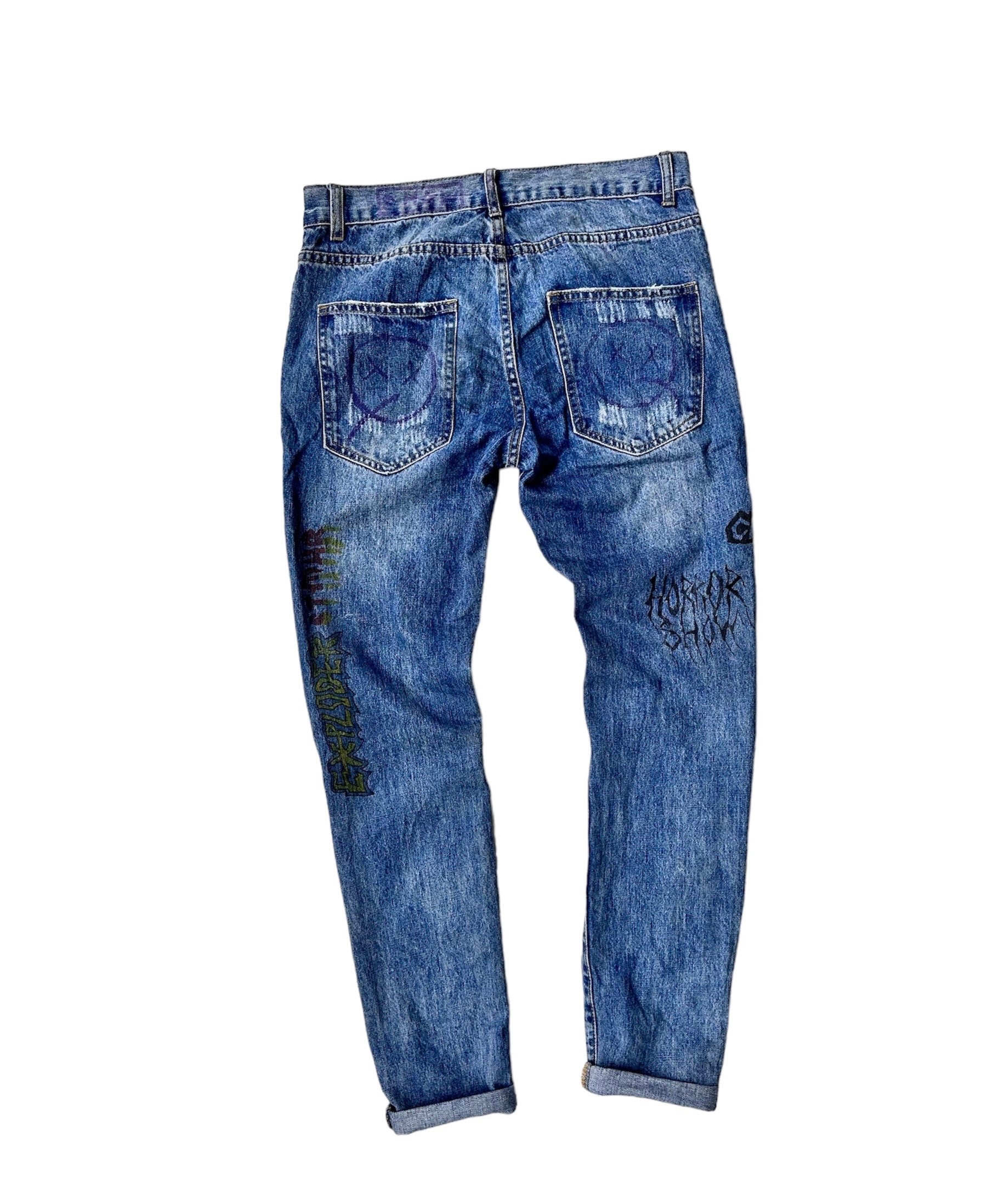 Rare Unique Vintage Graffiti Distressed Print Paint Patchwork Jeans ...