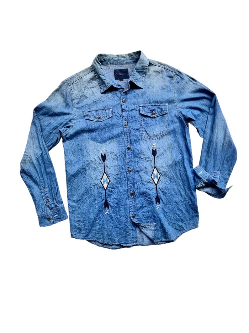 Men Blue Indigo Denim Shirts Vintage Authentic Jean Aztec Navajo Tribal ...