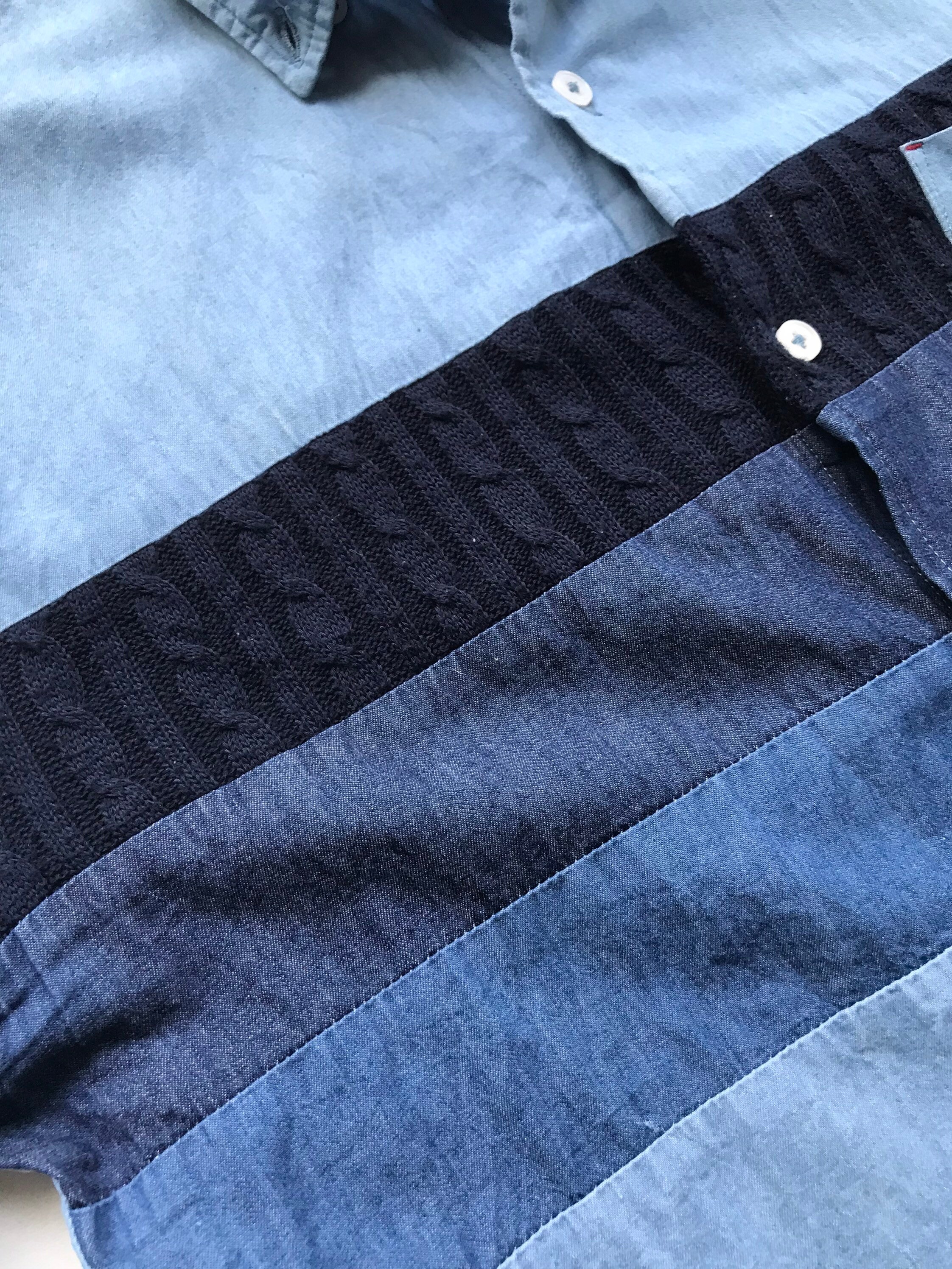 Vintage Blue Indigo Denim Patchwork Shirts Colorblock Three Layers ...