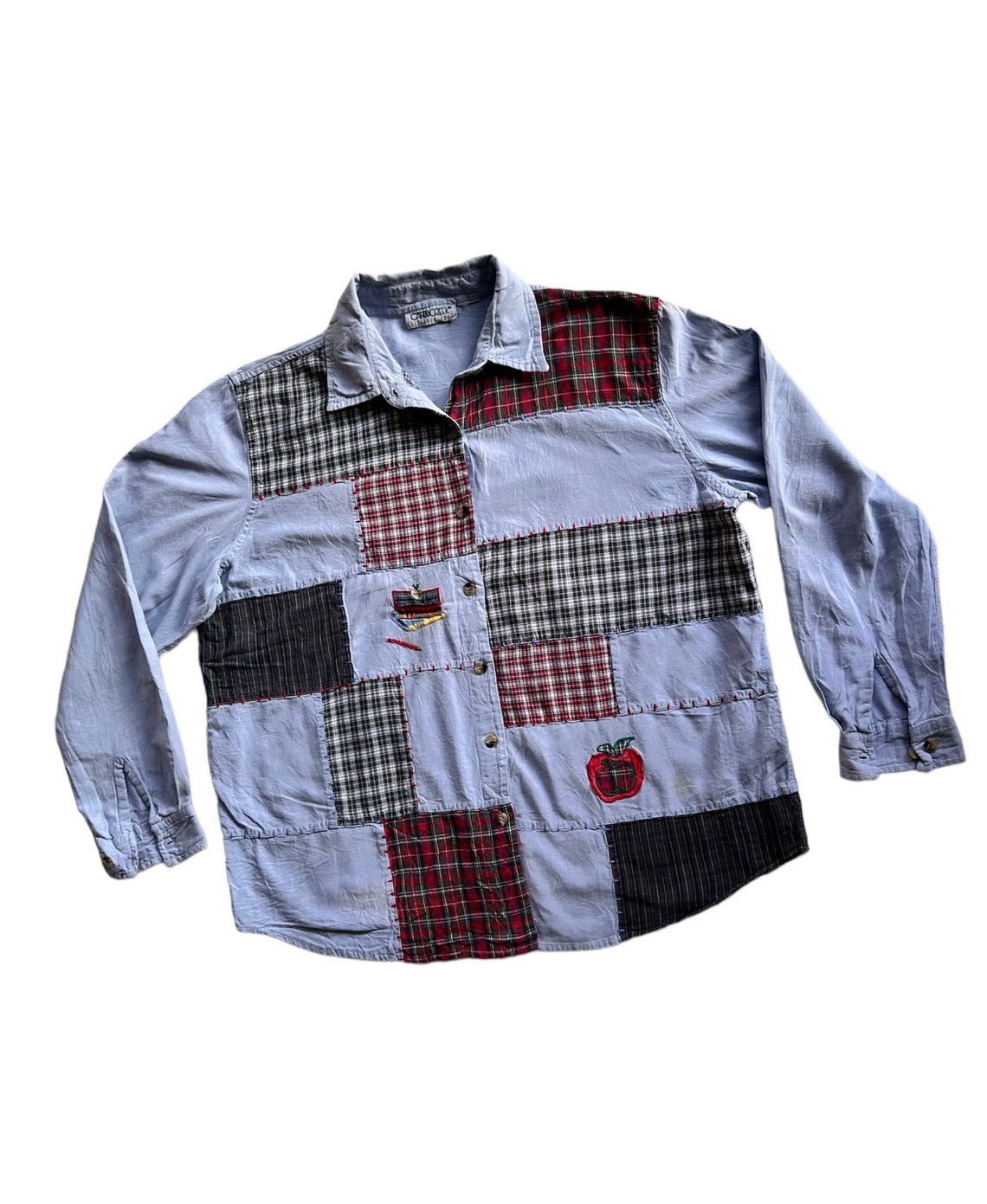 Vintage Blue Jeans Patchwork Shirt Classic Patched Combination Plaid ...