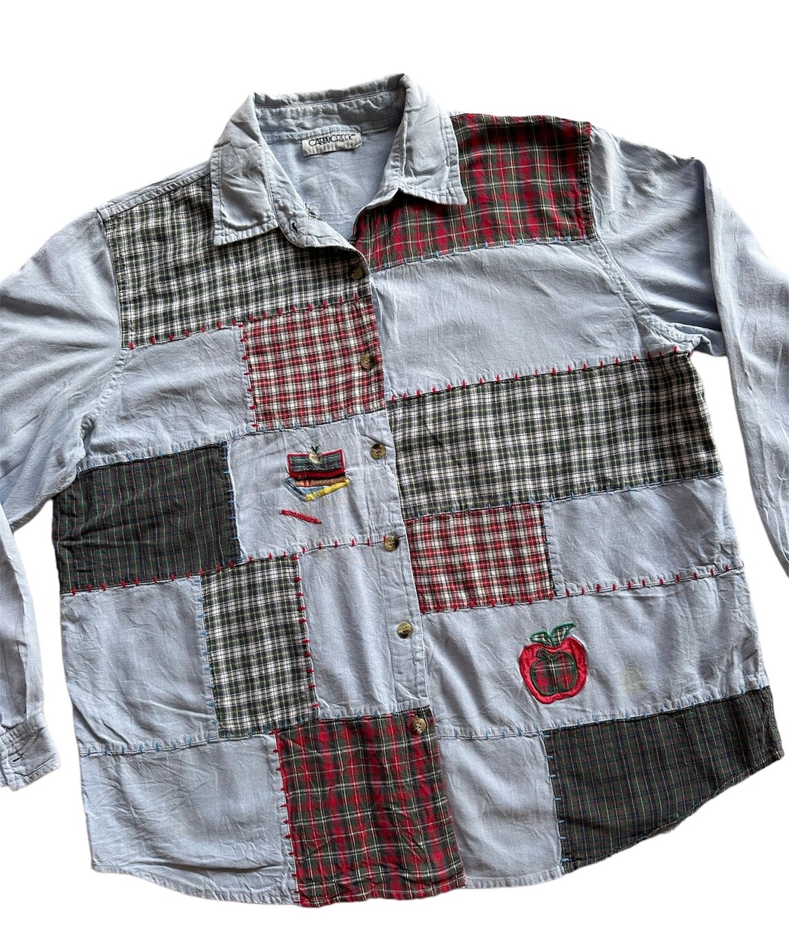 Vintage Blue Jeans Patchwork Shirt Classic Patched Combination Plaid ...